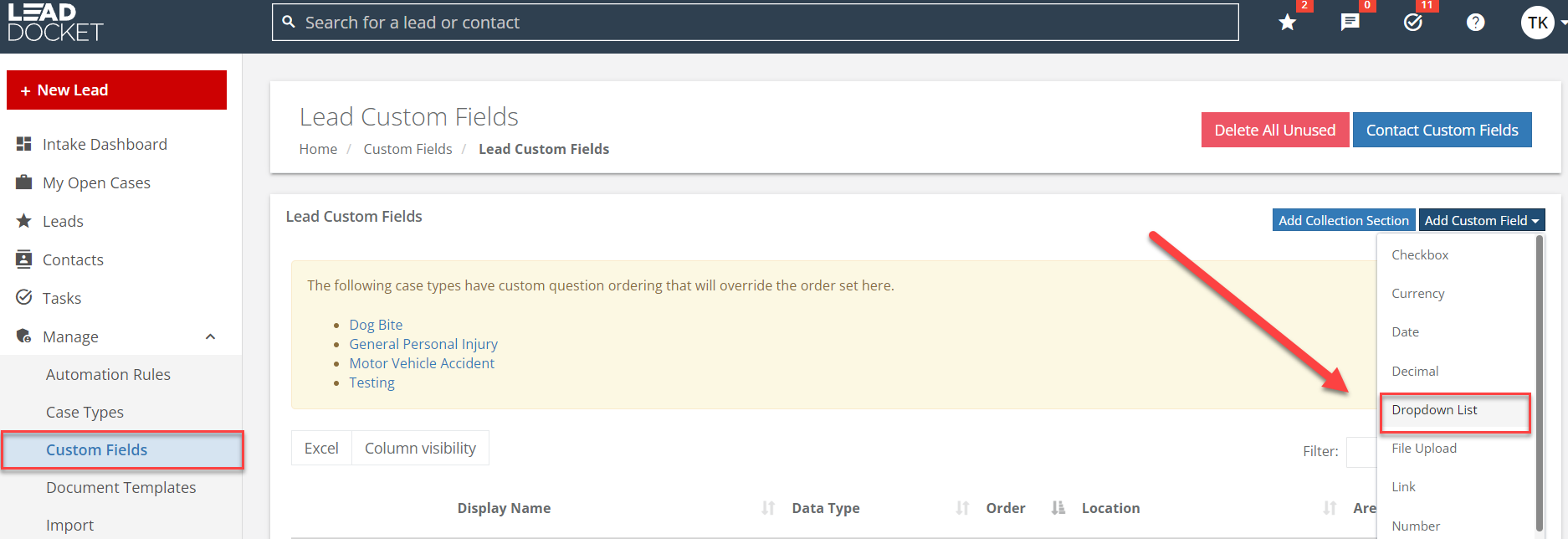 Lead Custom Fields - Adding / Editing / Removing – Docket Launch