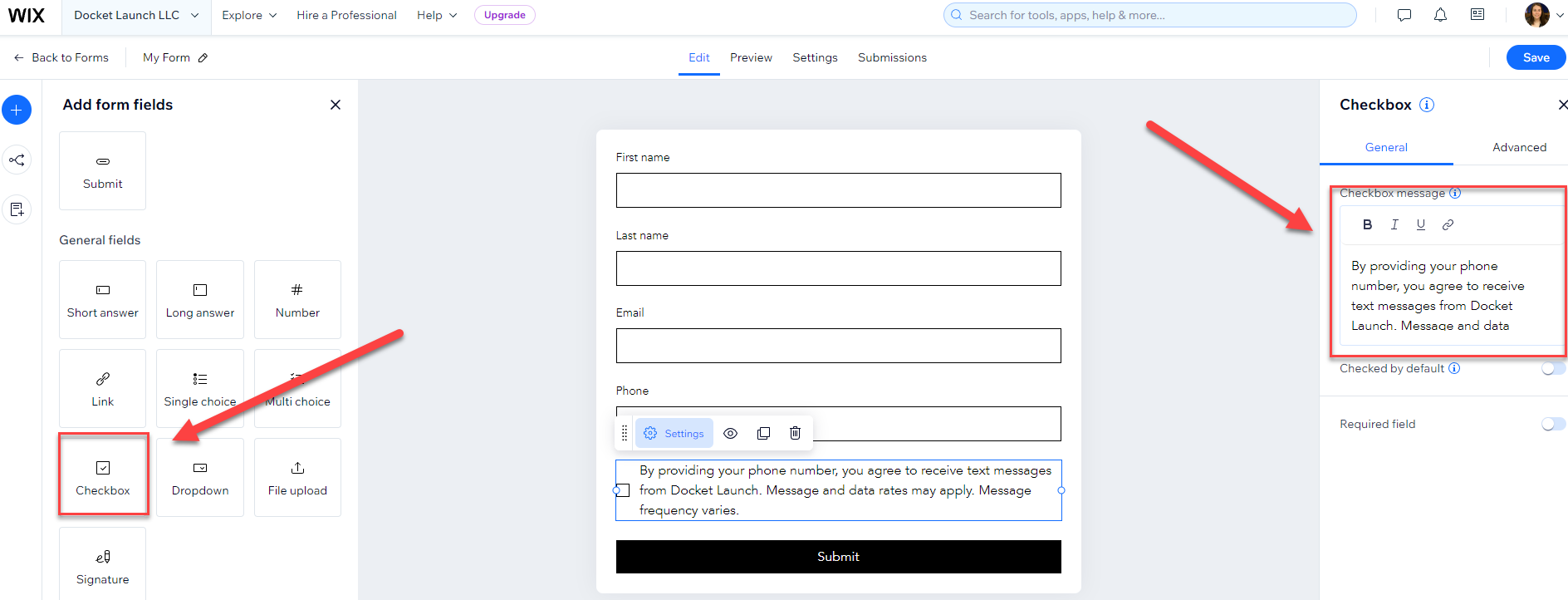 Wix Website Form Integration and TCPA Compliancy – Docket Launch